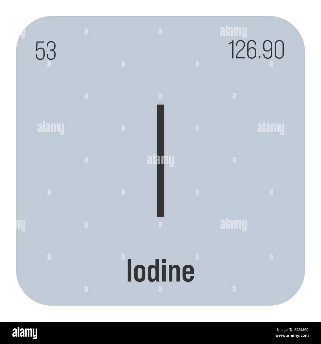 Iodine, I, periodic table element with name, symbol, atomic number and ...