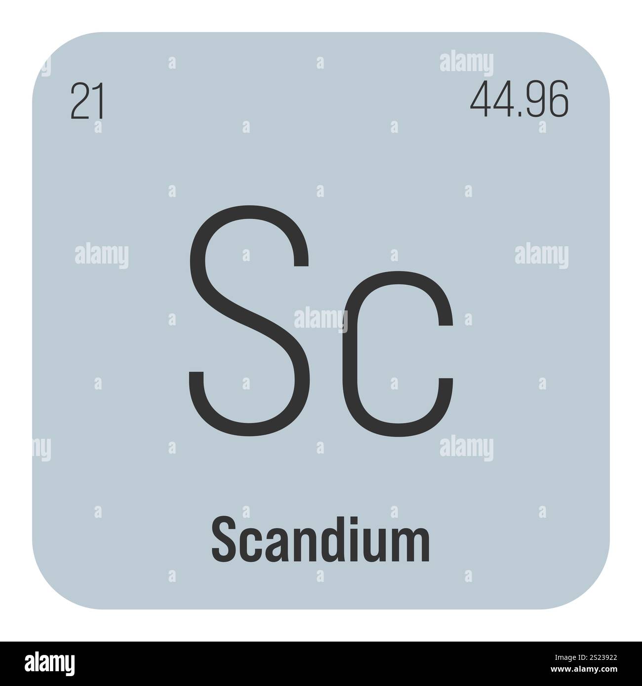 Scandium, Sc, periodic table element with name, symbol, atomic number and weight. Transition ...