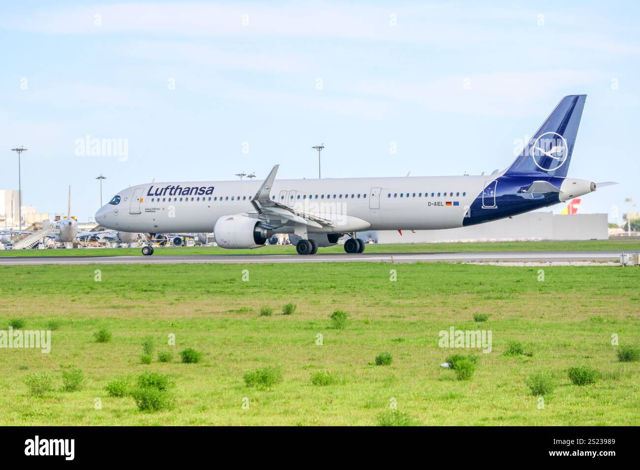 Lufthansa airbus a321neo airplane taxiing at lisbon humberto delgado airport preparing for ...