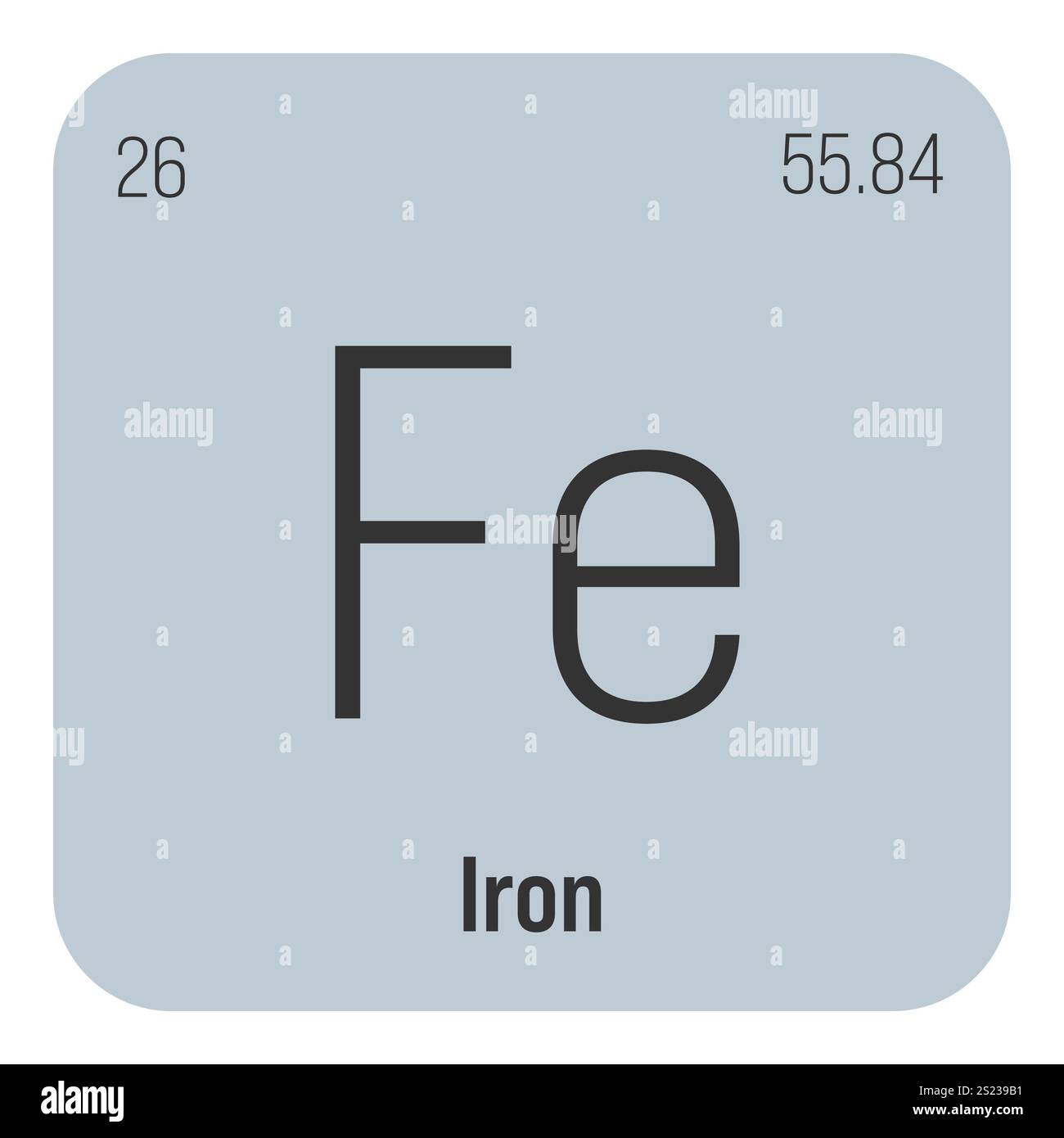 Iron, Fe, periodic table element with name, symbol, atomic number and ...