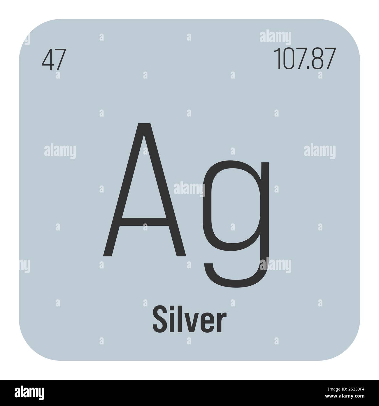 Silver, Ag, periodic table element with name, symbol, atomic number and weight. Transition metal ...