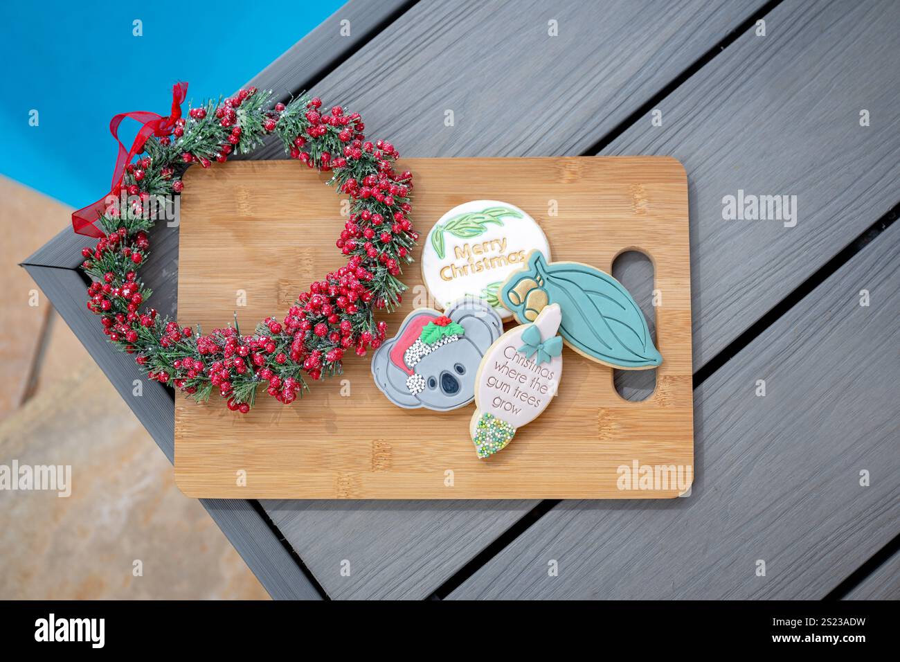 Christmas Australia cookies biscuits on platter by swimming pool ...
