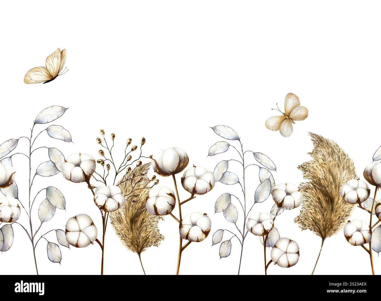 Realistic seamless border, banner, frame with cotton branches, flower ...