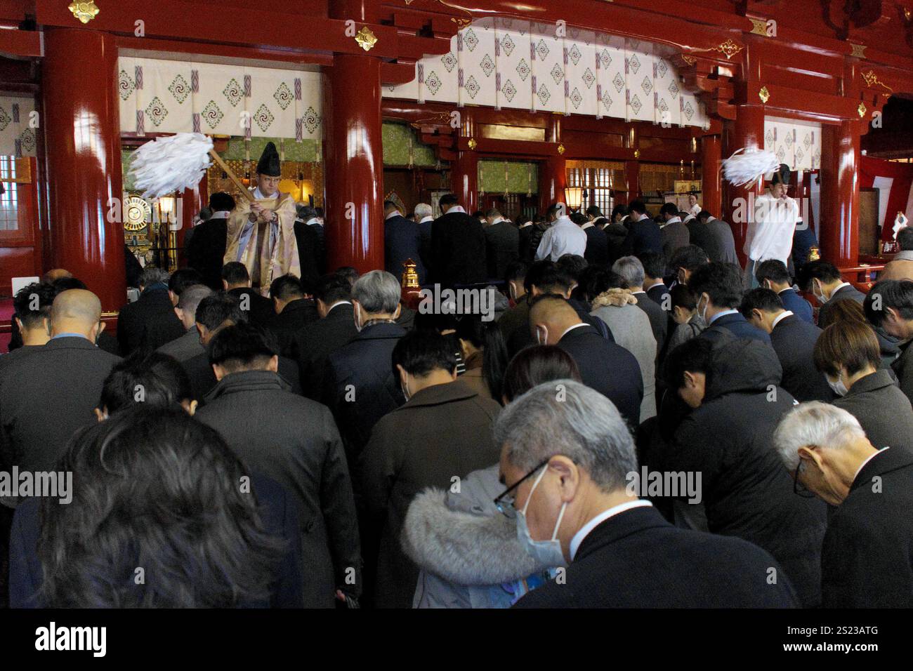 A Shinto priest performs the "Oharai" (ritual of purification) for ...