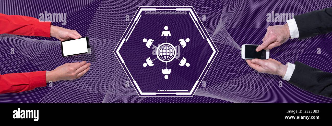 Top view of hands using mobile phone with symbol of bpo concept Stock ...