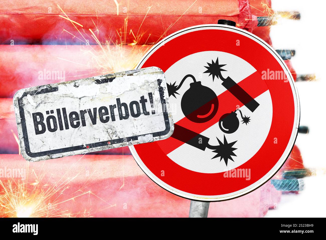FOTOMONTAGE, Schild mit durchgestrichenen Böllern und Kugelbomben und ...