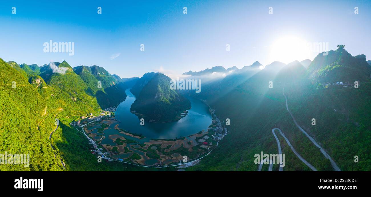 Sunrise and sea of clouds at the first bay of Hongshui River in Donglan ...