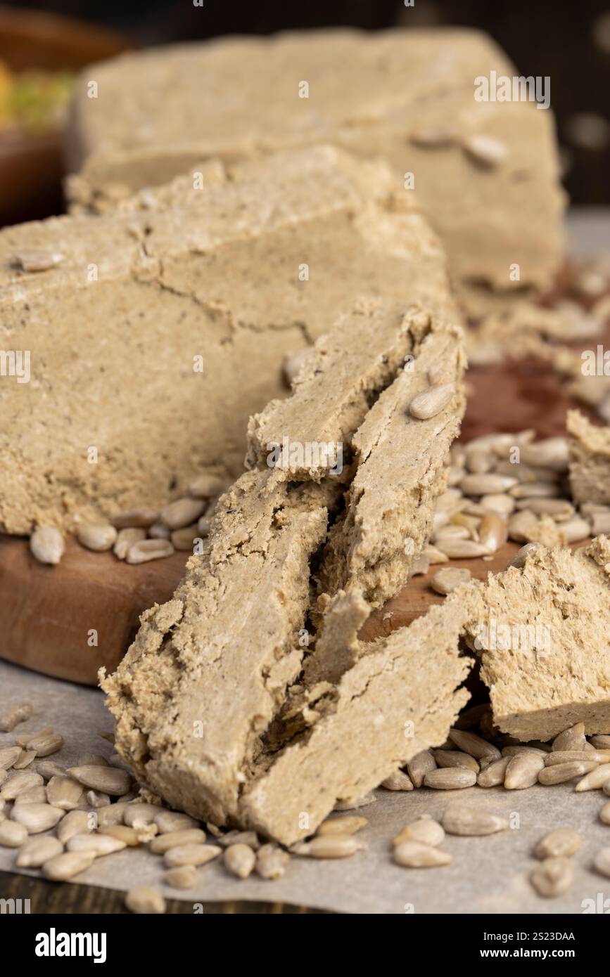 halva from sunflower seeds, closeup cut dessert made from sunflower ...