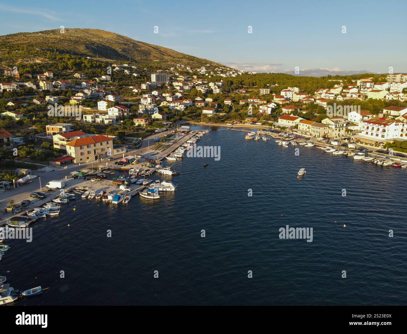 drone view of croatian coast and adriatic sea with yacht Stock Photo ...