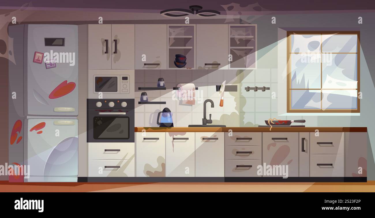 Messy kitchen. Abandoned kitchen interior with broken furniture and ...