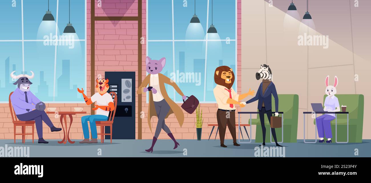 Animals working. Office business anthropomorphic characters talking exact vector cartoon ...