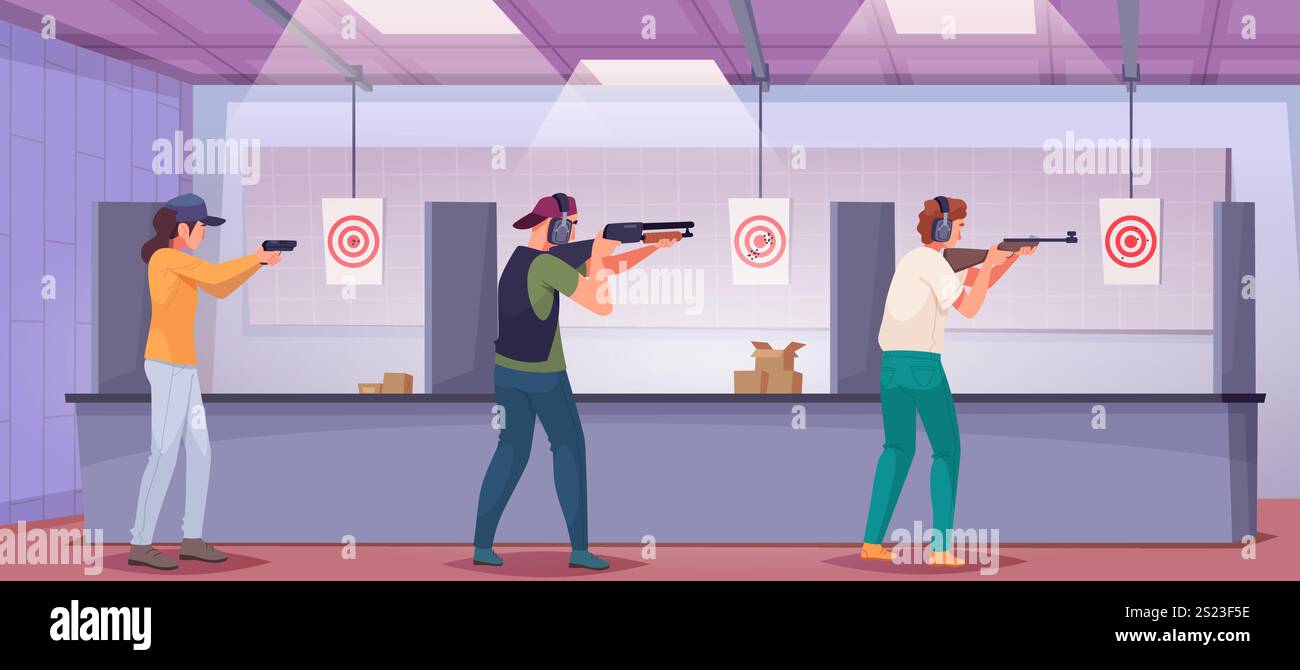 Shooting gallery. Indoor interior with different shooting targets and ...