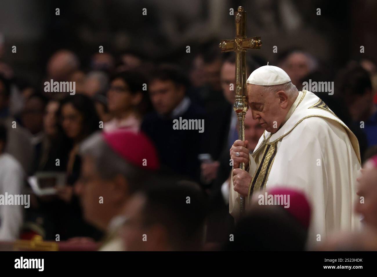 Rome, Italy 06.01.2025 : Pope Francis Bergoglio holds the cross during ...