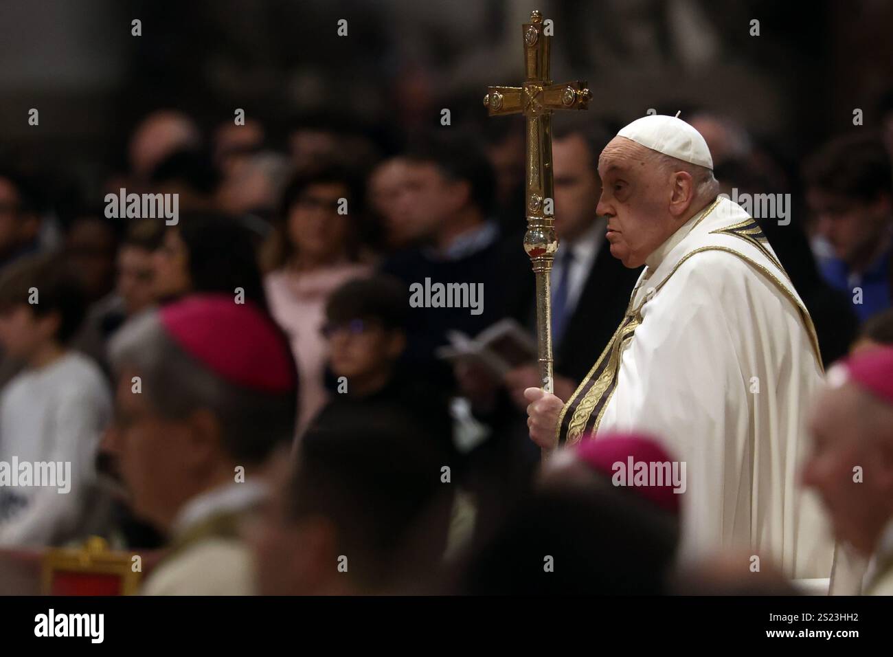 Rome, Italy 06.01.2025 : Pope Francis Bergoglio holds the cross during ...