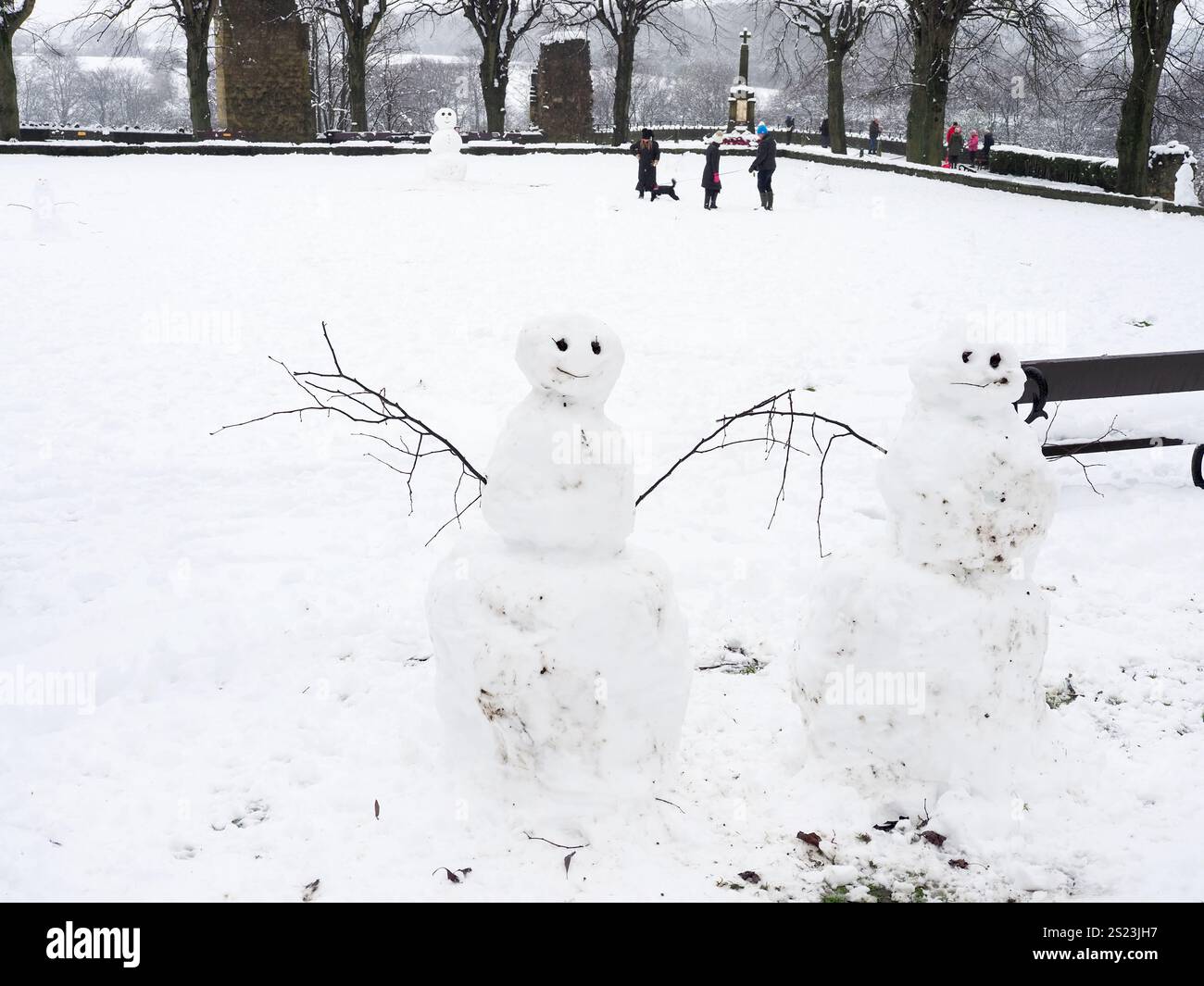 Snow figures in the castle grounds at Knaresborugh North Yorkshire ...