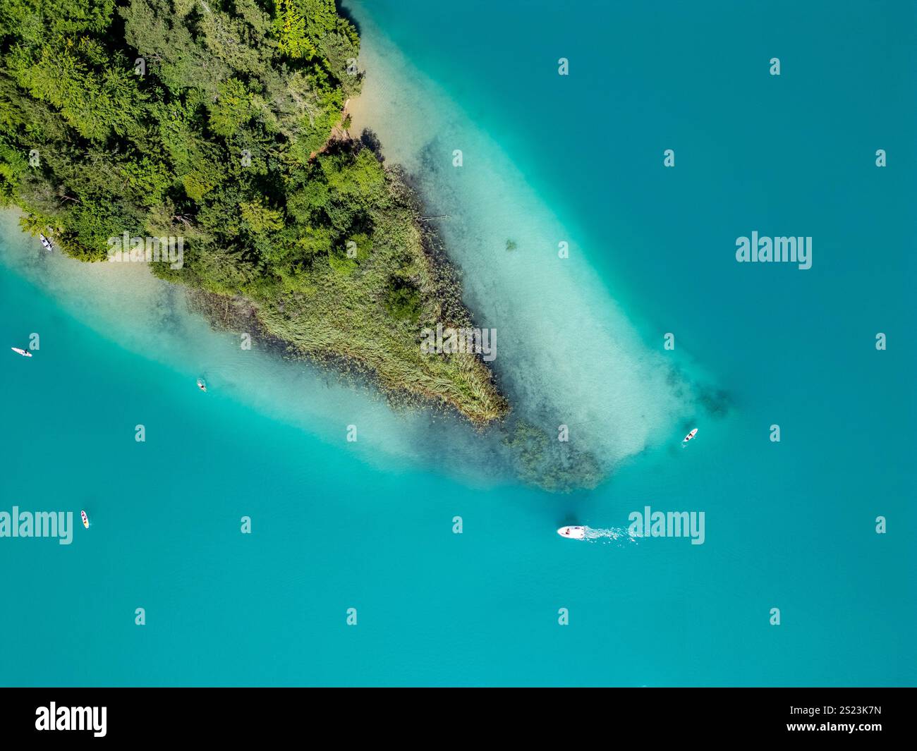 Lake Faak in Carinthia. Scenic aerial view to the island of the famous ...