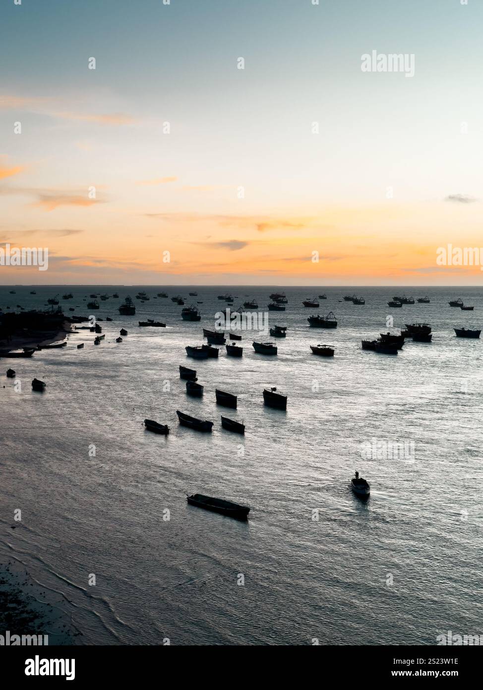 Scenic view of fishing vessels anchored in the palk strait seen from ...