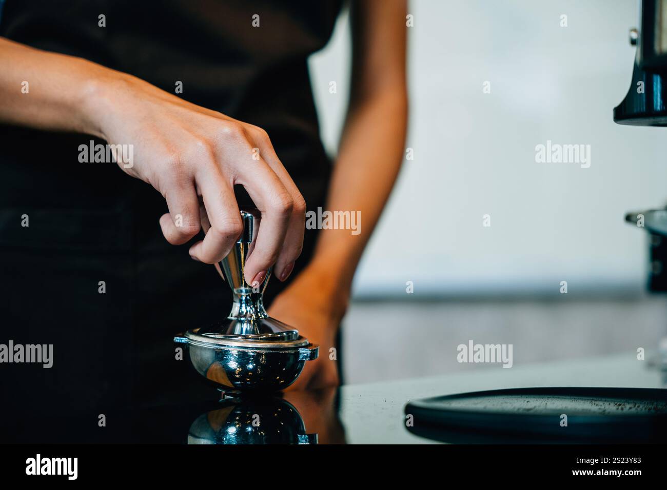 Professional coffee machine prepares fresh tasty coffee in cafe. Step ...