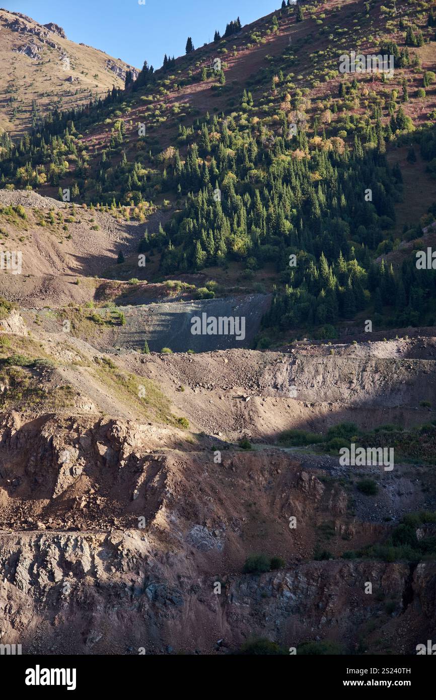 Old open mining pit in mountain. Open-pit quarry, mine landscape ...