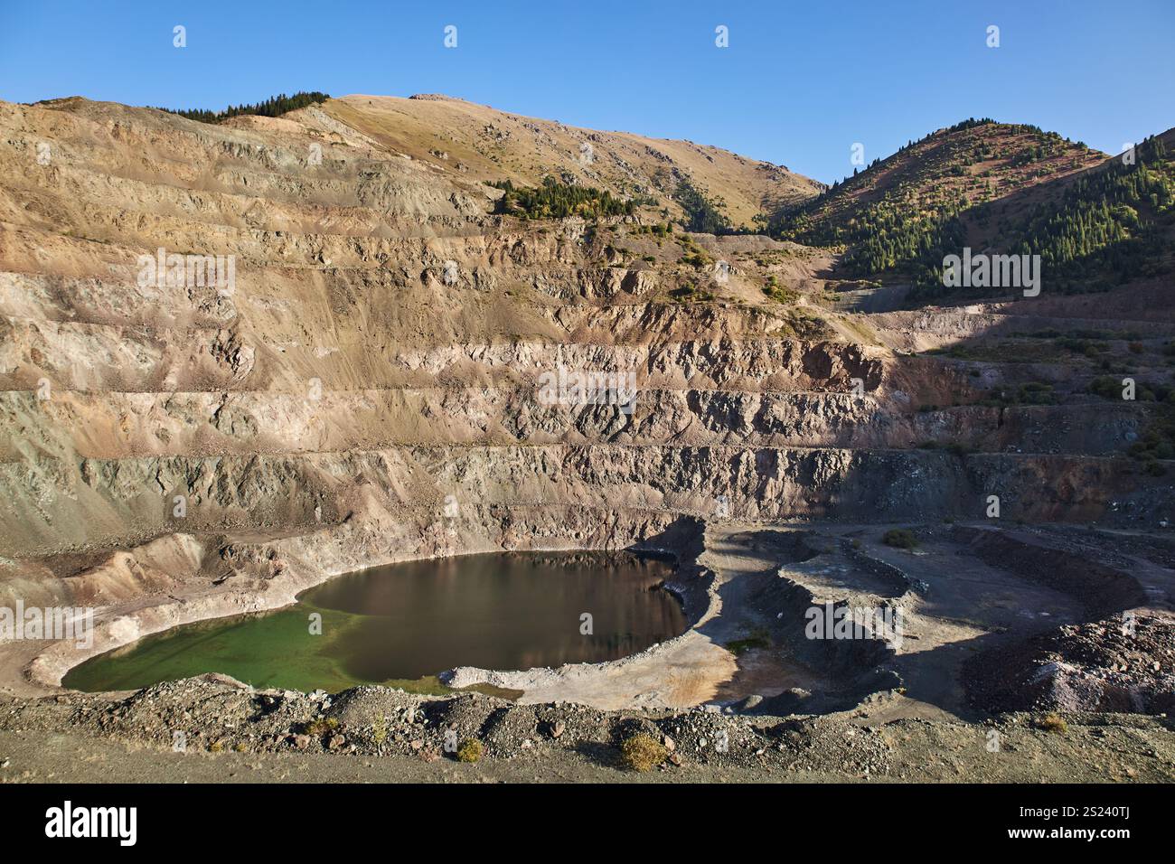 Old open mining pit in mountain. Open-pit quarry, mine landscape, pond ...