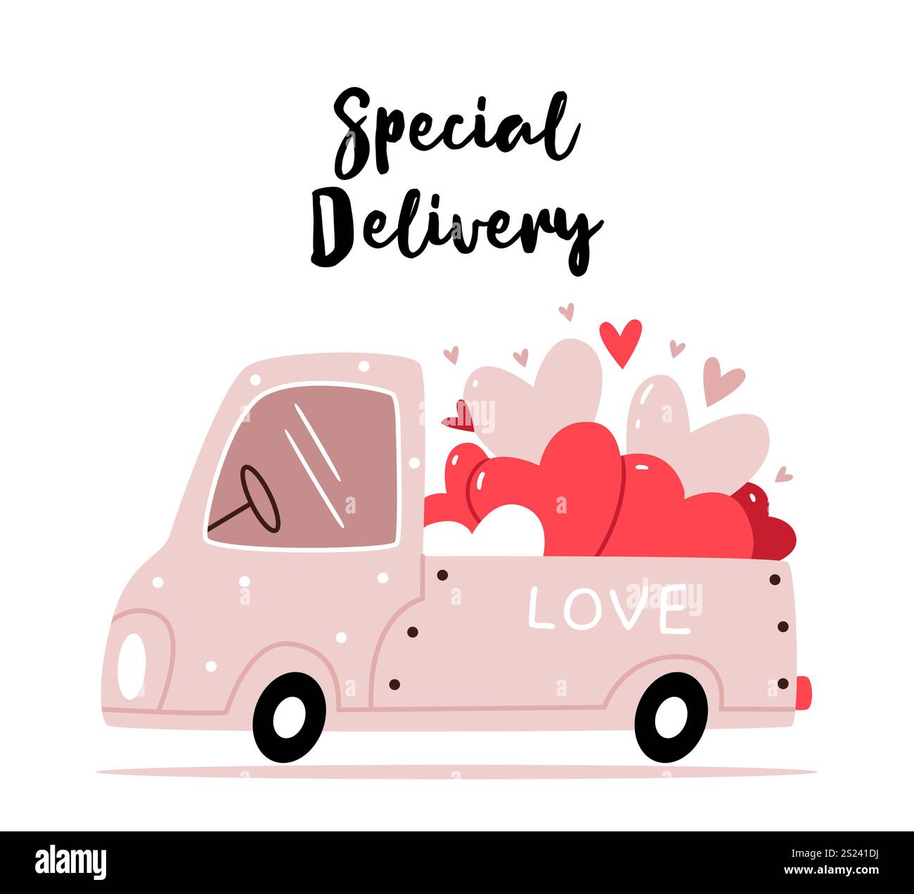 Cute pink retro truck carries hearts. Special delivery. Valentine's Day ...