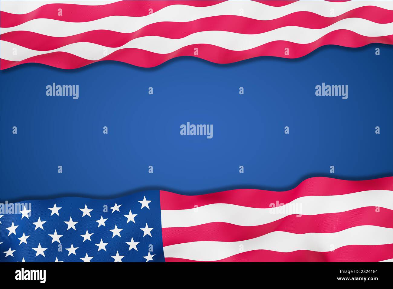 Wavy United States flags framing a blue background with copy space for ...