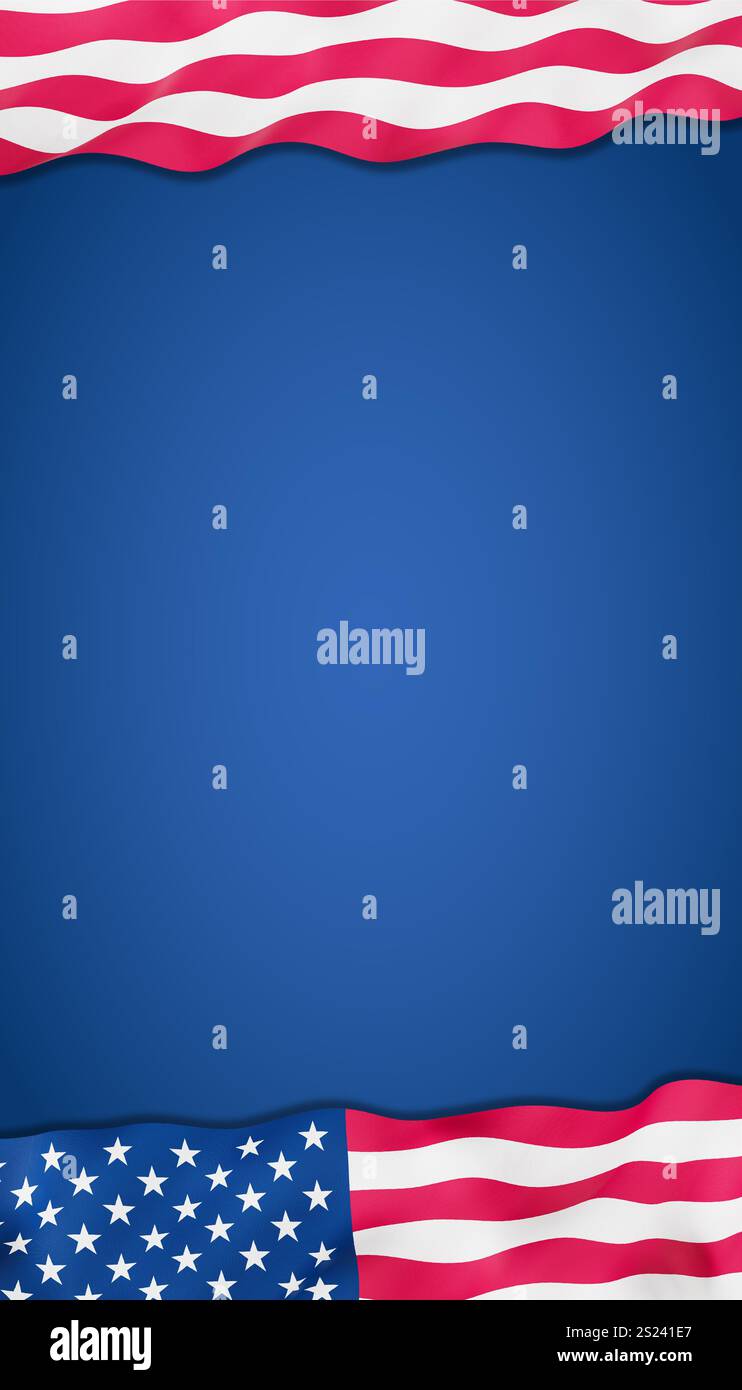 Wavy United States flags framing a blue background with copy space for ...