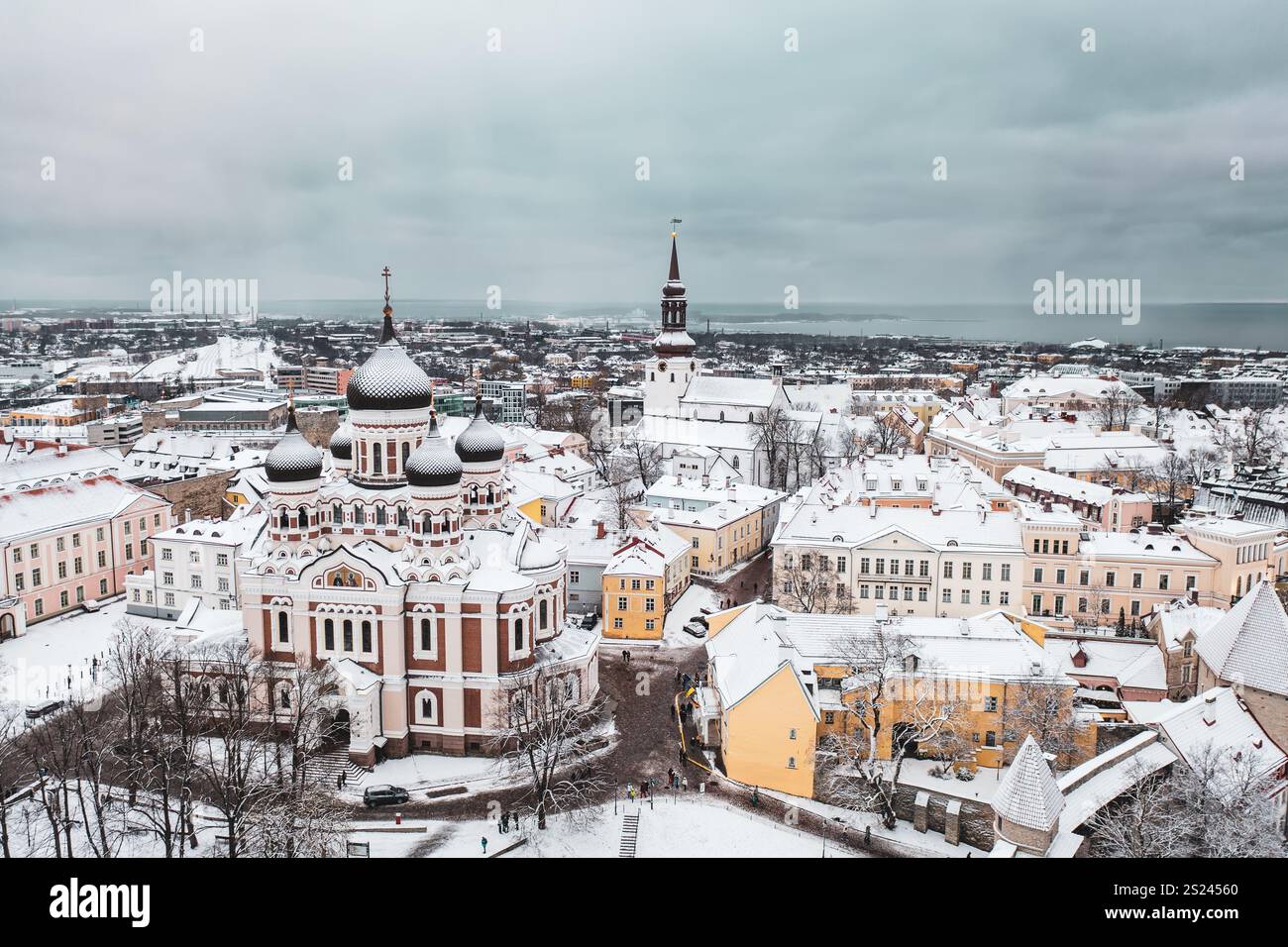 Aerial View of Tallinn Old Town in winter. View from above to the ...