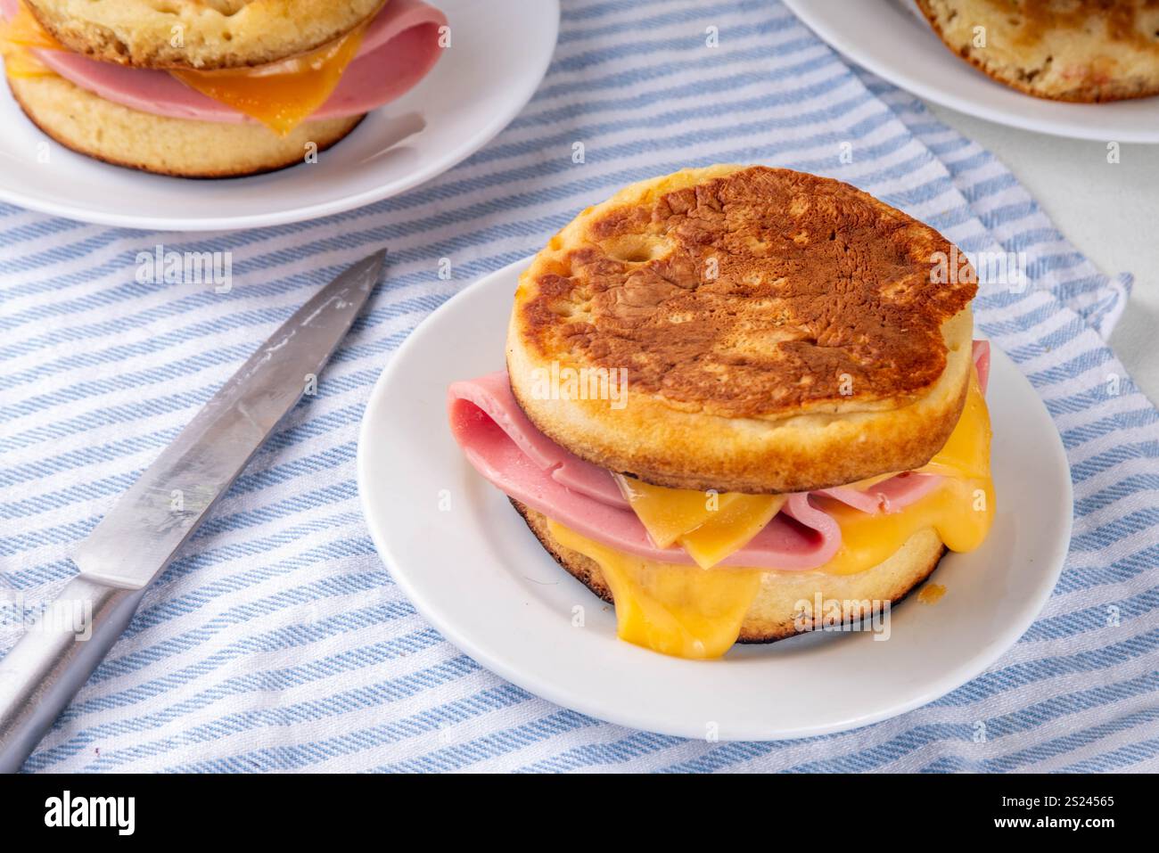 Breakfast crumpet sandwich, british pancake scones burger with cheese ...