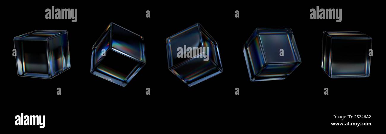 3D glass cube. Abstract square object. Transparent light shape on black ...