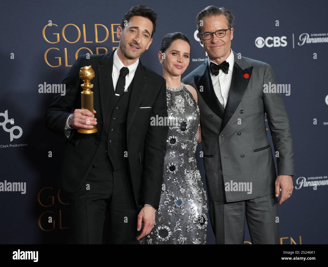 Los Angeles, USA. 05th Jan, 2025. (L-R) THE BRUTALIST Cast - Adrien Brody, Felicity Jones, and ...
