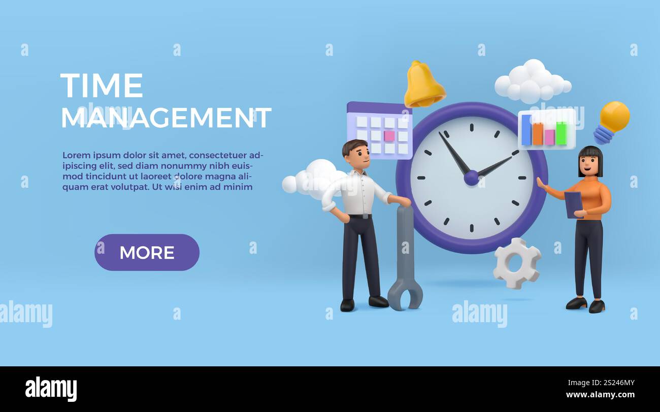 Time management landing page. 3D manager with clock and calendar. Busy ...