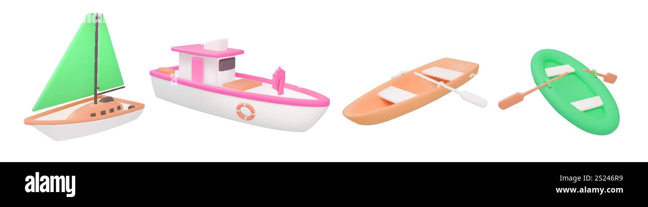 3D ship. Sail boat. Sea yacht or sailboat for ocean cruise. Summer ...