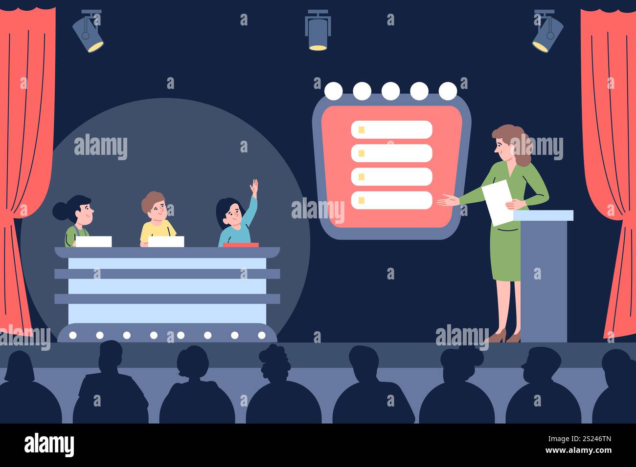 Kids quiz show. Children playing intellectual game, stand on stage with ...