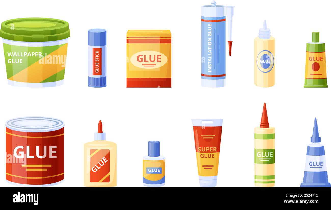 Glue containers set. Cartoon plastic bottles and cans, paper box with ...