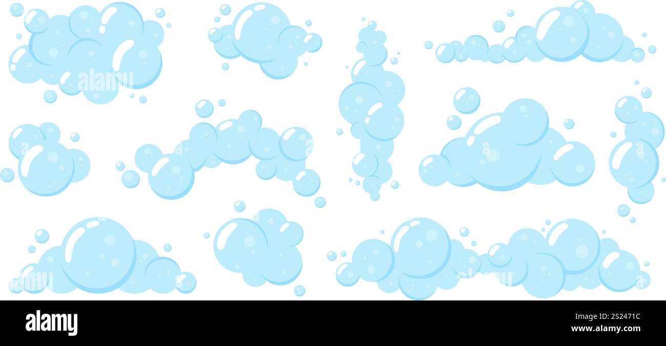 Soap foam cartoon elements. Blue bubbles for bathroom, laundry ...