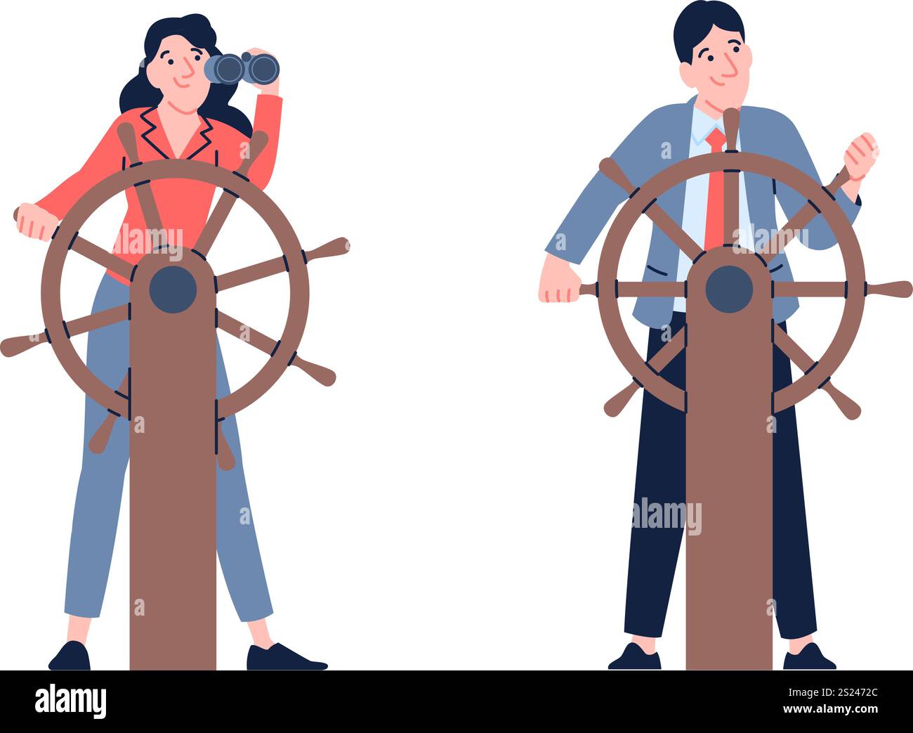 Male female leader characters. Woman man stand at helm and control ...