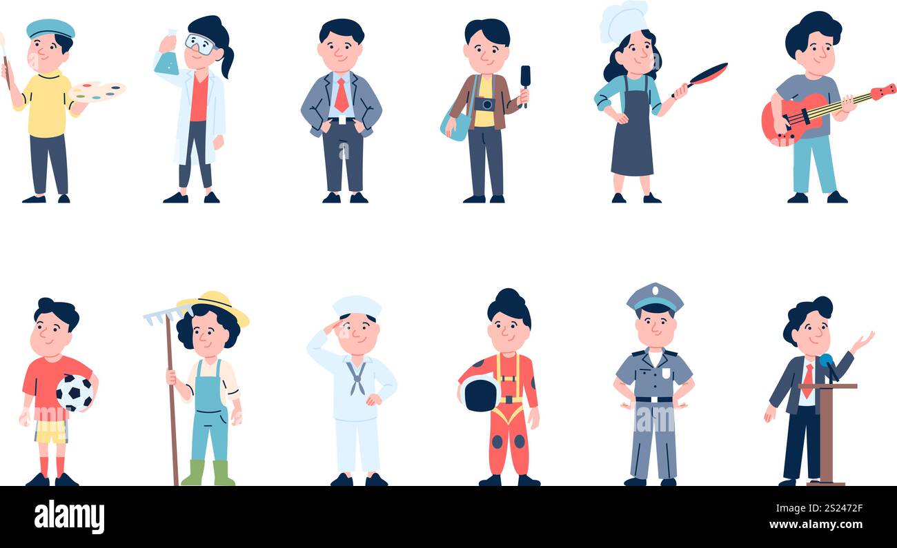 Kids in uniform. Children play in professions, journalist scientist ...