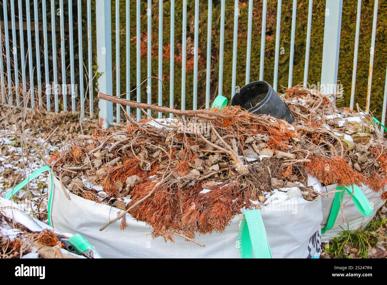 A yard waste pile filled with leaves and branches is ready for ...