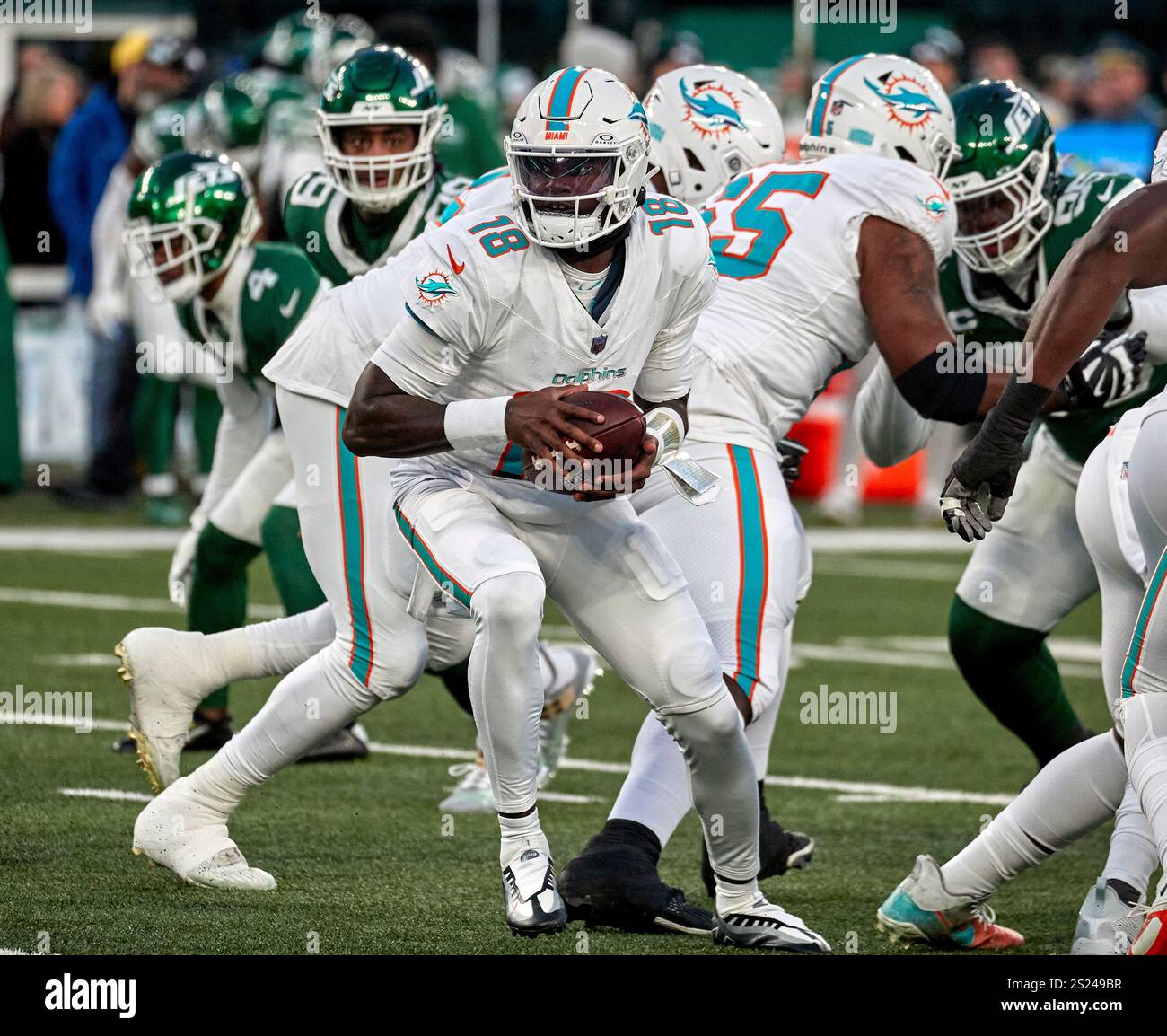 Miami Dolphins quarterback Tyler Huntley (18) during a NFL game against ...