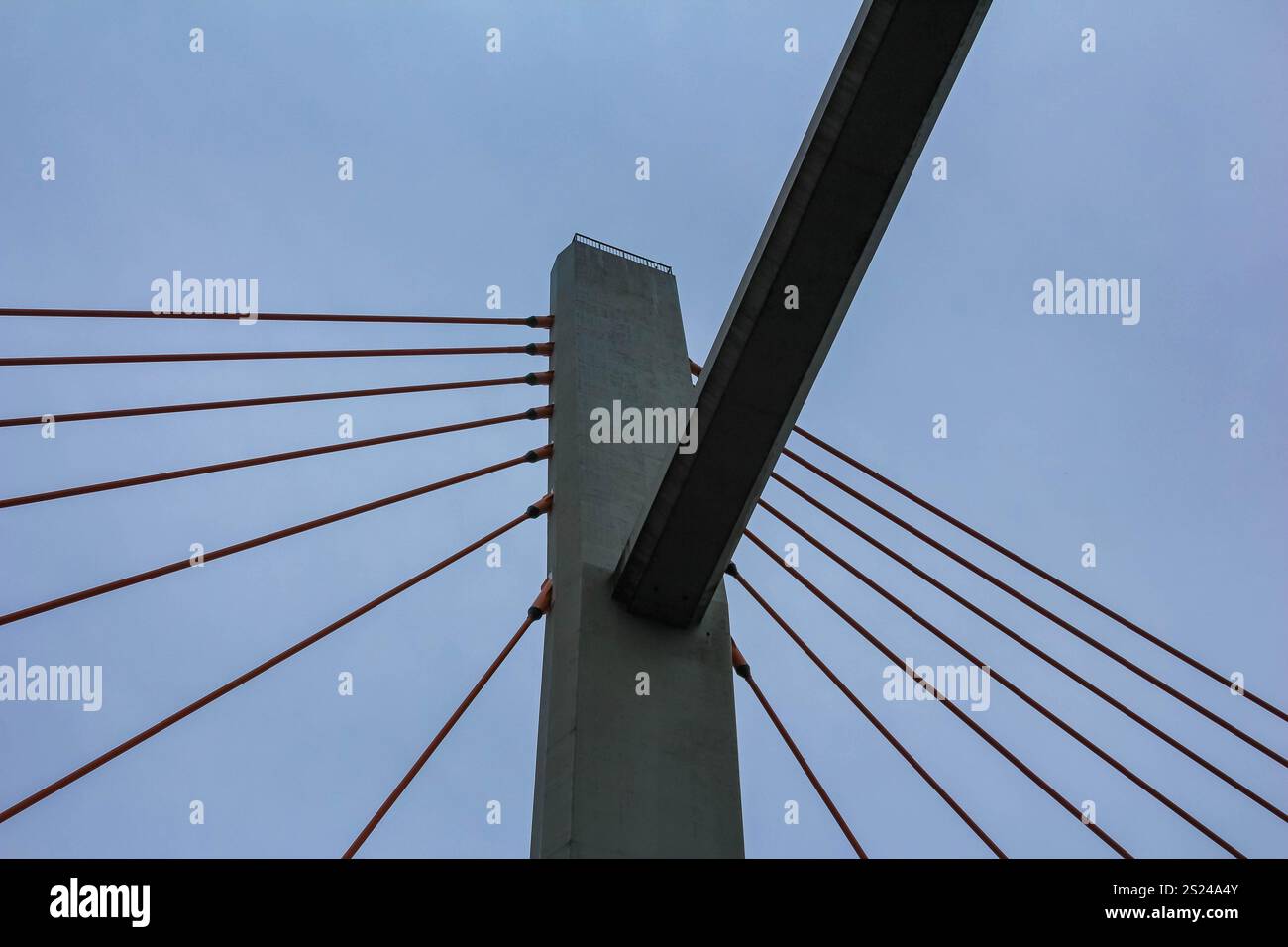 The view captures a cable-stayed bridge with sturdy support towers and ...