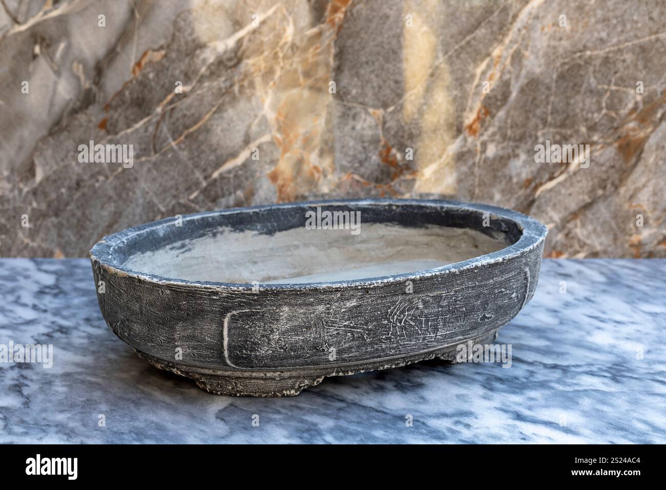 Empty shallow tray in vintage style container for growing bonsai tree ...