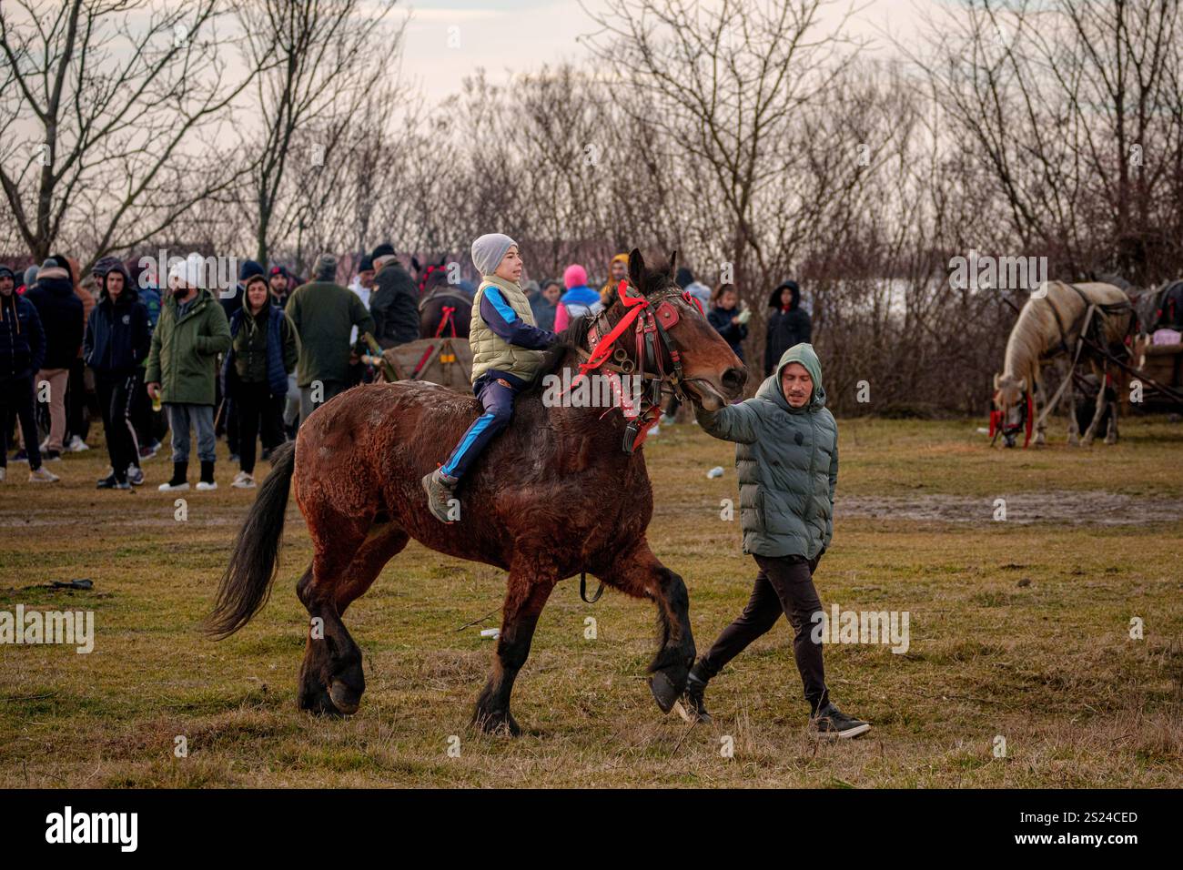 A child is assisted by an adult as he rides a horse during Epiphany ...