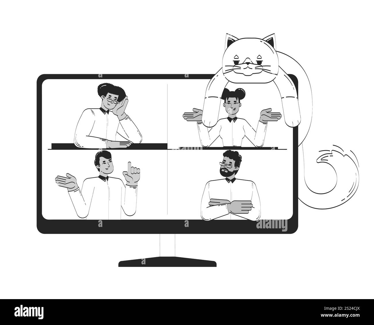 Virtual meeting with playful cat lounging atop computer monitor doodle ...