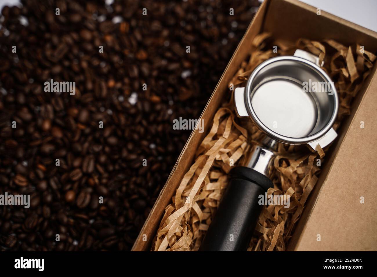 Holder for the coffee machine. Horn espresso coffee maker. Coffee beans ...