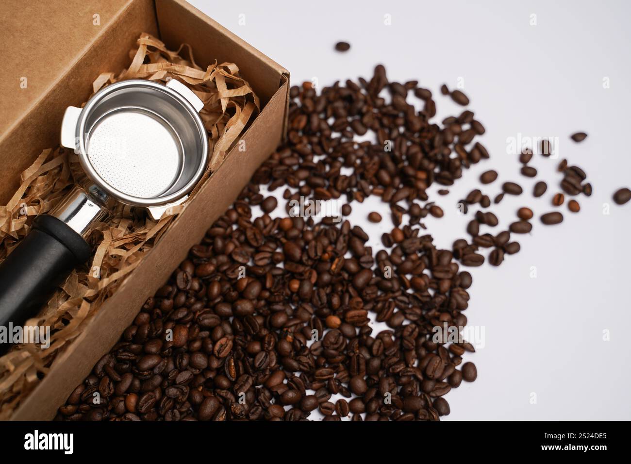 Holder for the coffee machine. Horn espresso coffee maker. Coffee beans ...