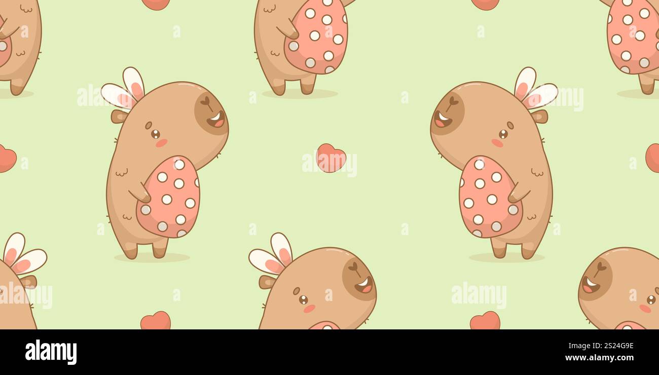 Easter Seamless pattern. Funny cute capybara in bunny ears with paschal ...