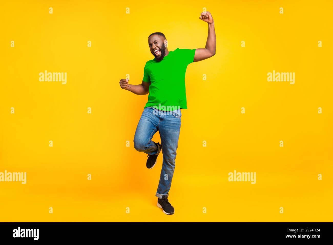 Full length body size photo of rejoicing glad cheerful happy black man ...