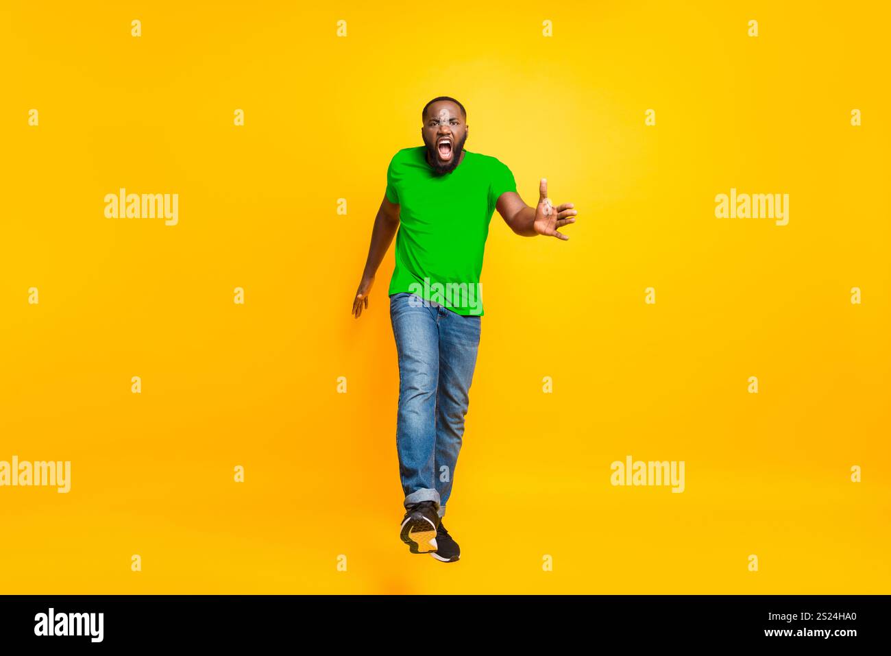 Full length body size photo of angry furious yelling commanding black ...