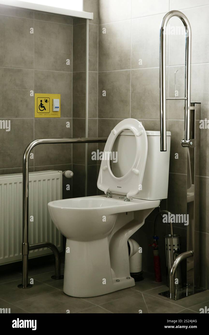 Modern accessible toilet with grab bars, a wall-mounted shower seat ...